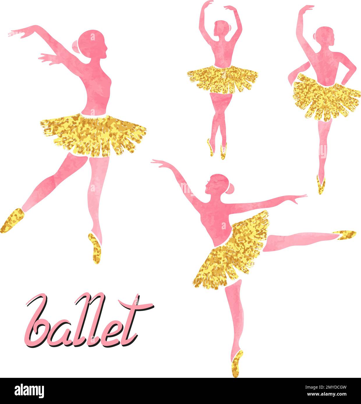 Vector set of of ballerinas in watercolor pink and glittering gold ...