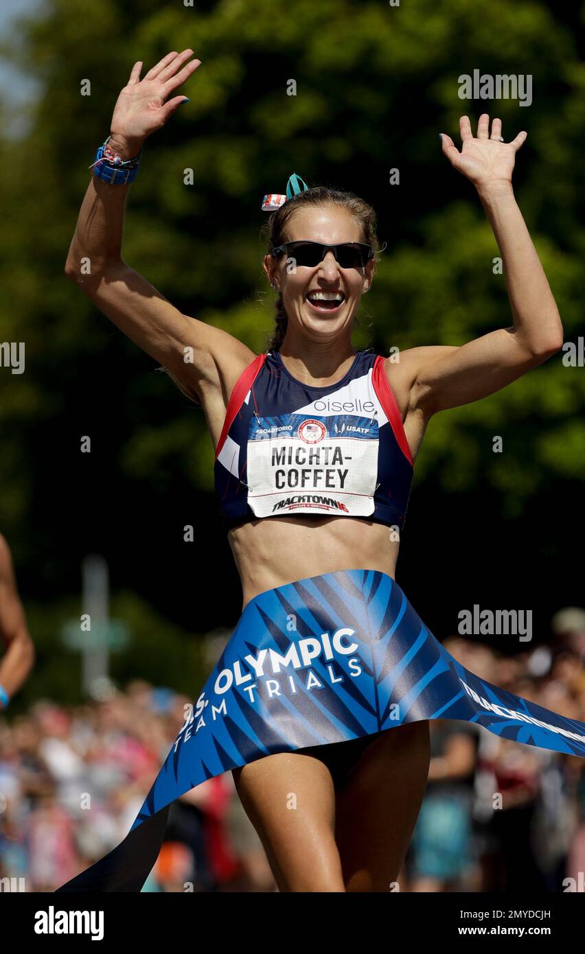 Maria Michta-Coffey, celebrates after winning the women’s 20-kilometer ...