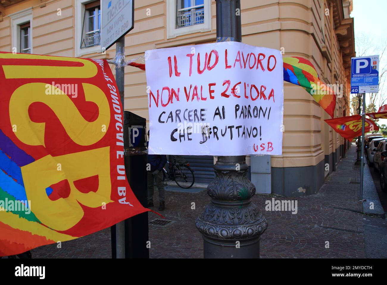 The workers of the USB union have put up signs to protest with poor ...