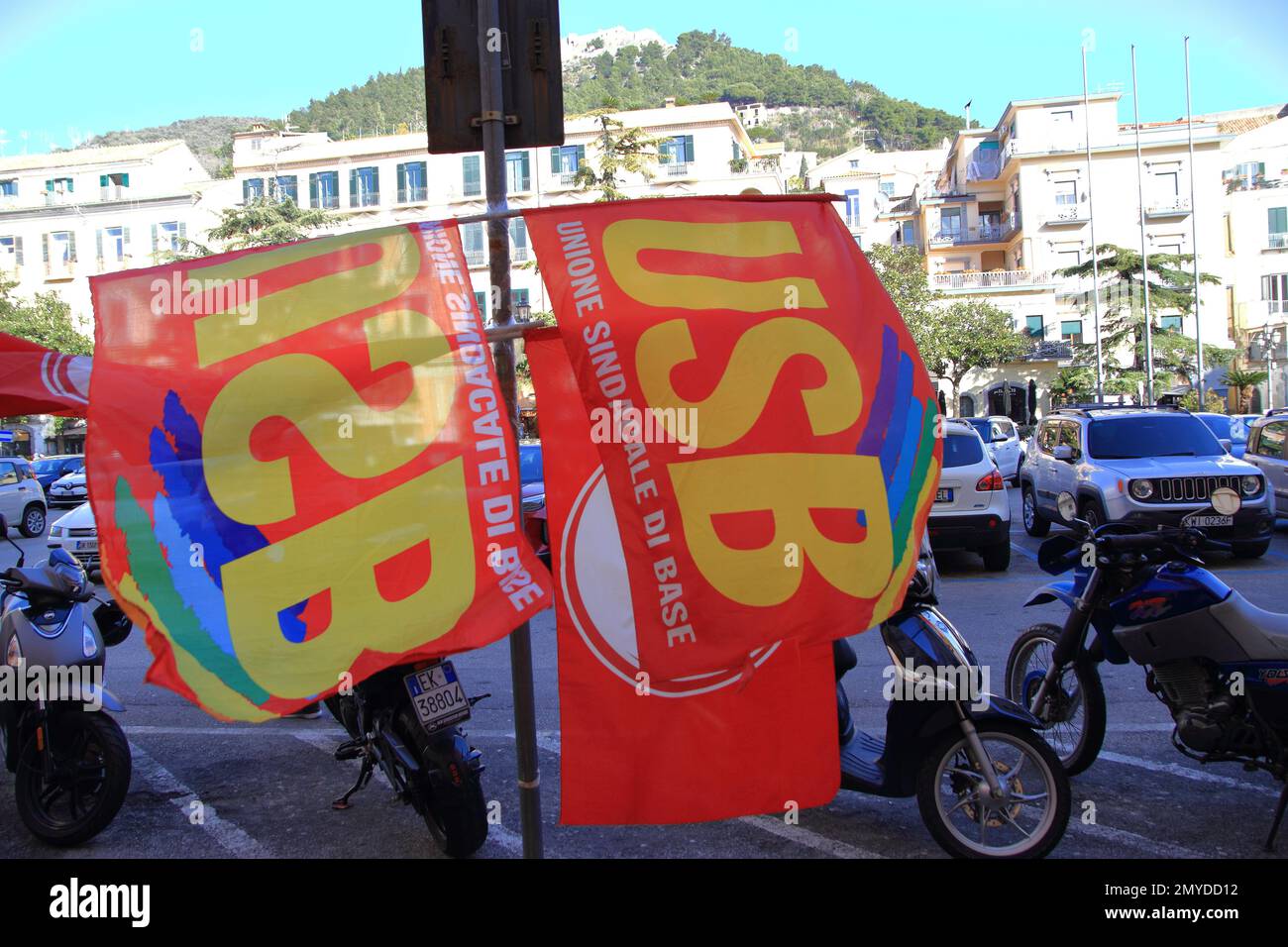 The workers of the USB union have put up signs to protest with poor ...
