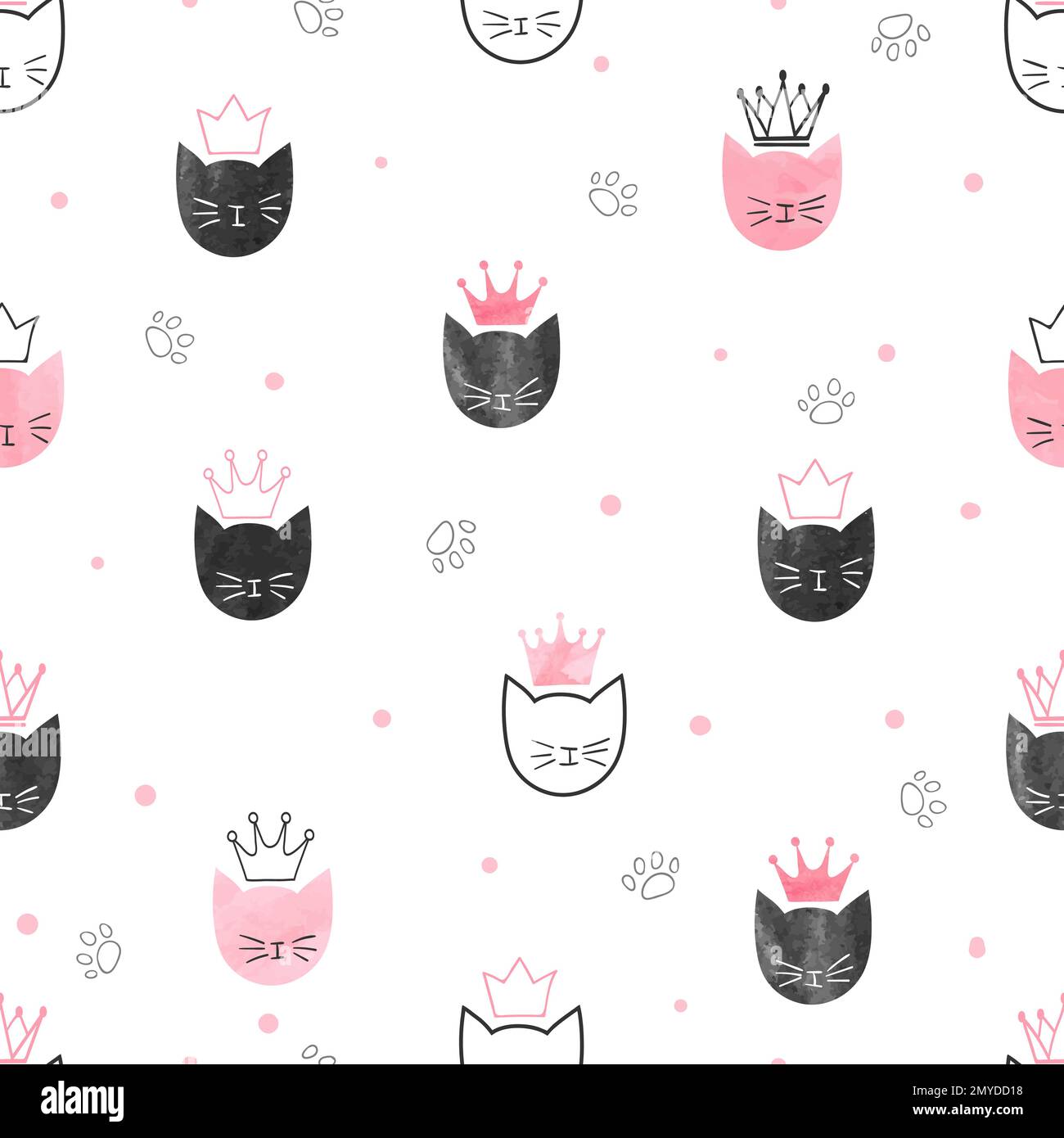 Seamless princess cats pattern. Vector watercolor background for kids ...