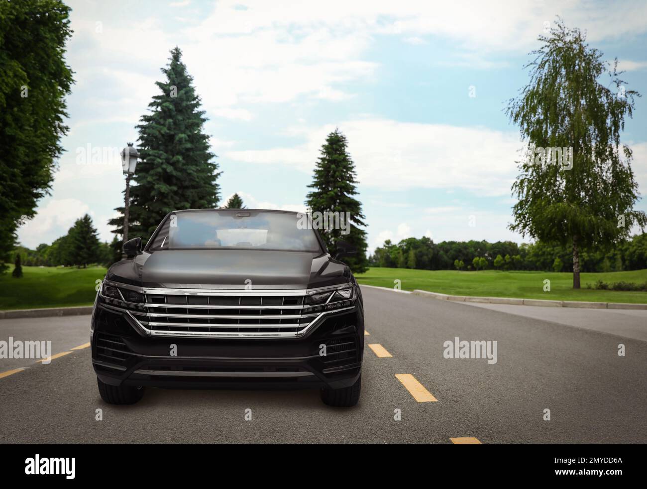 Road trip. Car driving on asphalt highway, space for text Stock Photo ...
