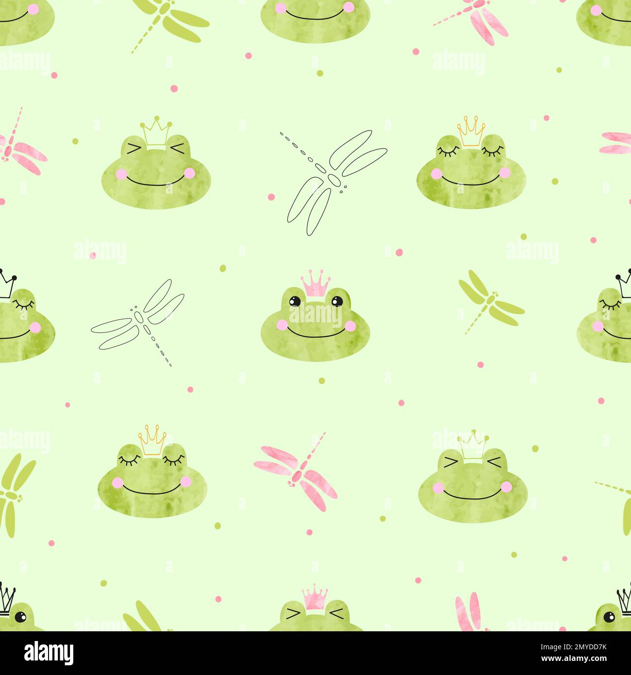 Seamless pattern with cute frogs and dragonflies. Vector background for ...