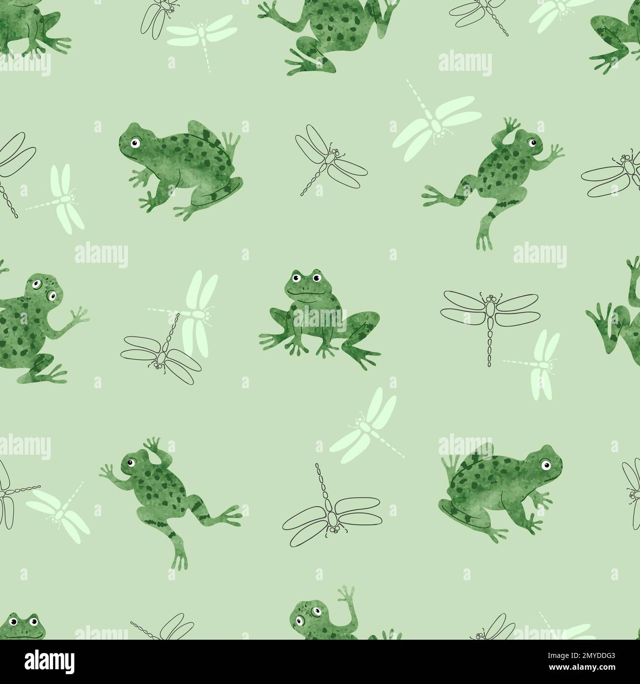 Seamless watercolor frogs pattern. Vector background with green frogs ...