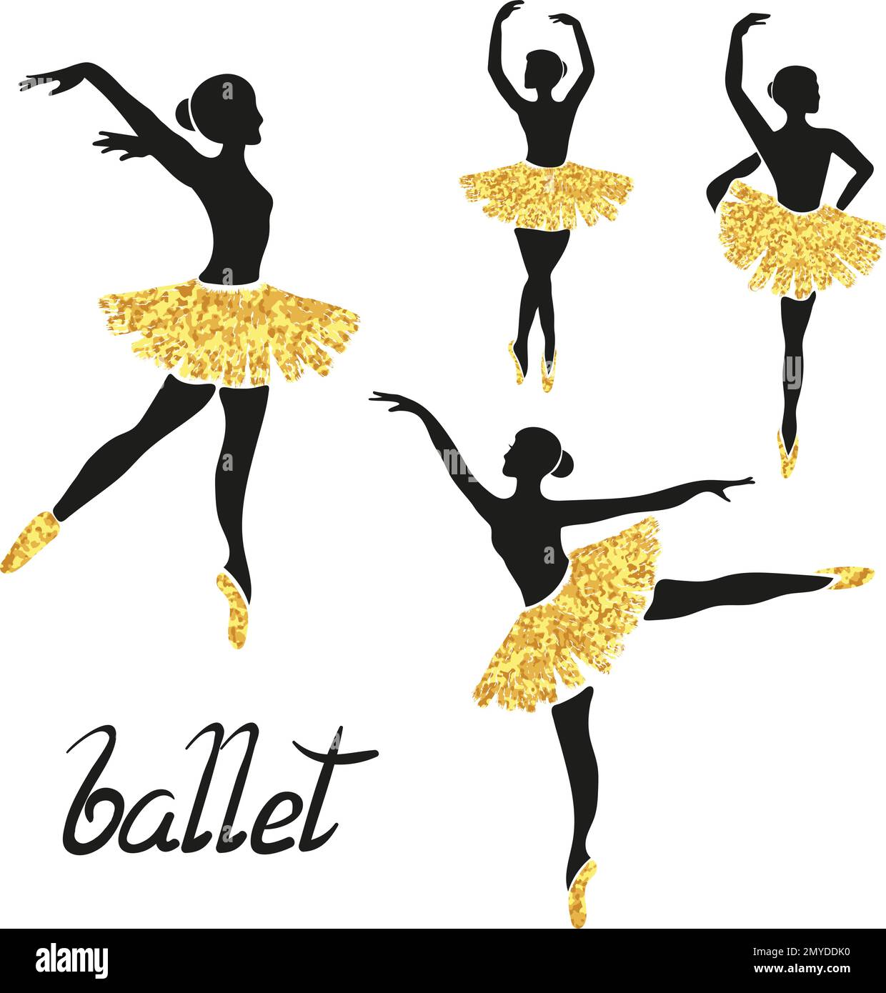 Set of of stylized ballerinas in black and golden colors. Vector poses ...