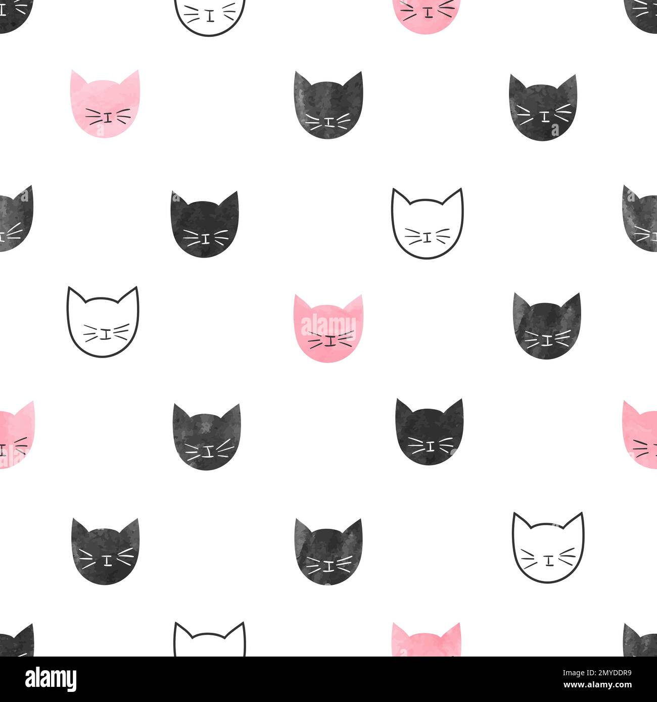 Seamless cute cats pattern. Vector background with watercolor cat heads ...