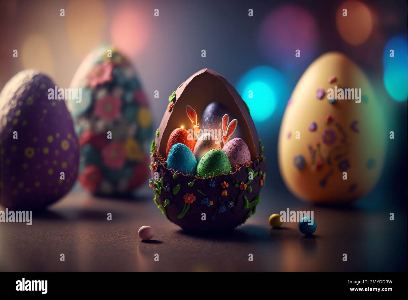 Happy Easter . 3d rendering. Typographical , light, heart. Greeting ...