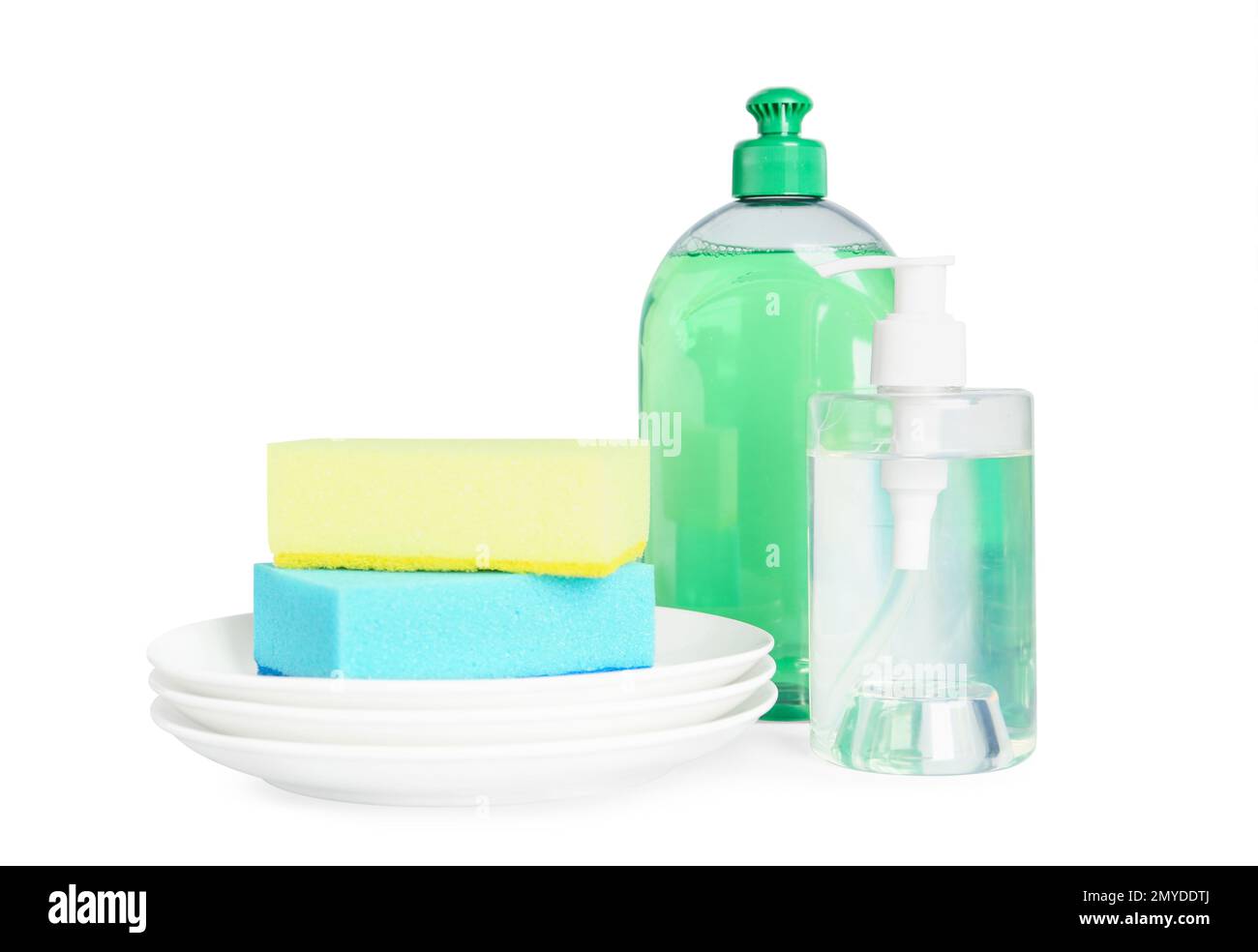 Detergents, plates and sponges on light background. Clean dishes Stock ...