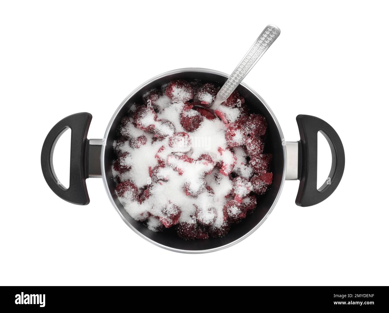 Pot with cherries and sugar on white background, top view. Making ...
