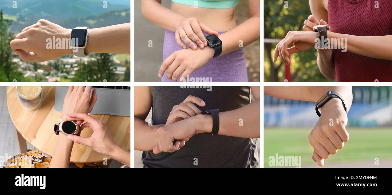 Photos of people with smart watches, closeup view. Collage design Stock ...