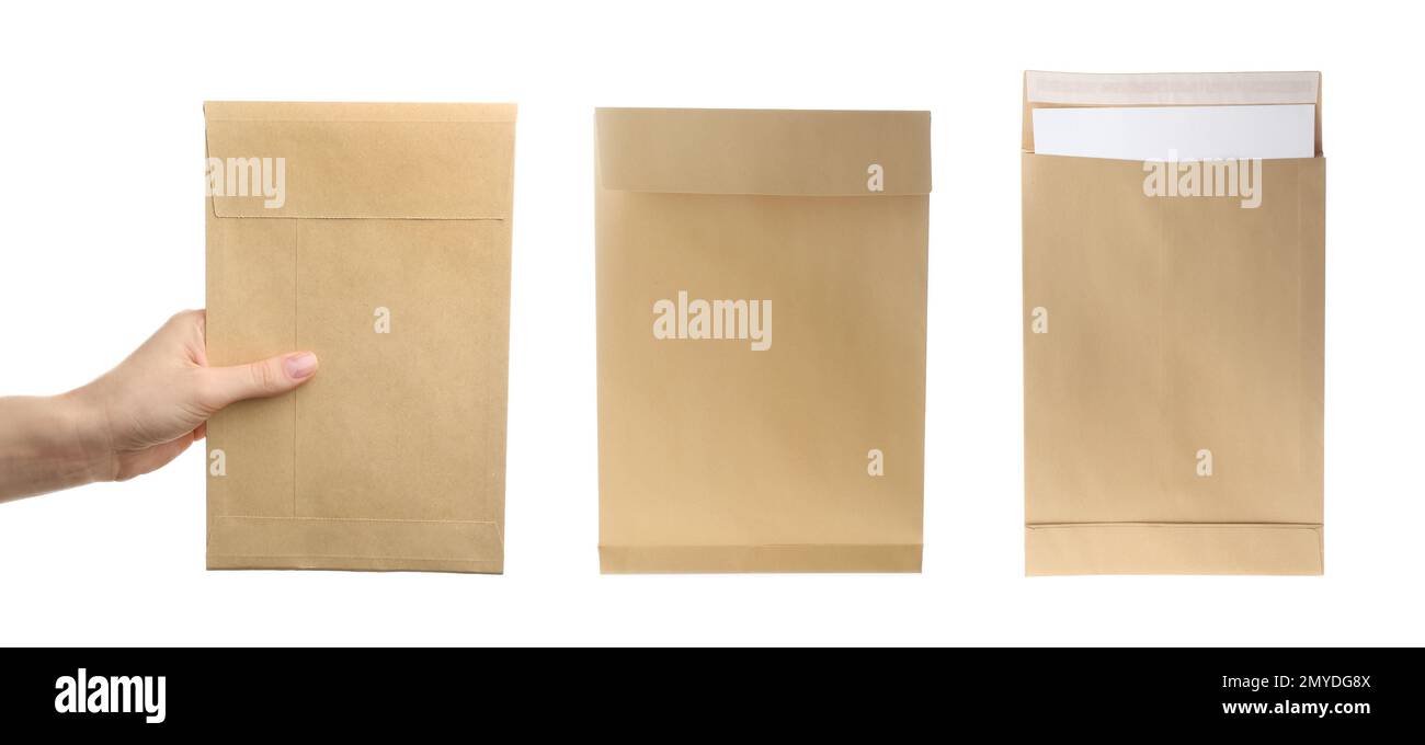 Collage with photo of woman holding paper envelope on white background ...