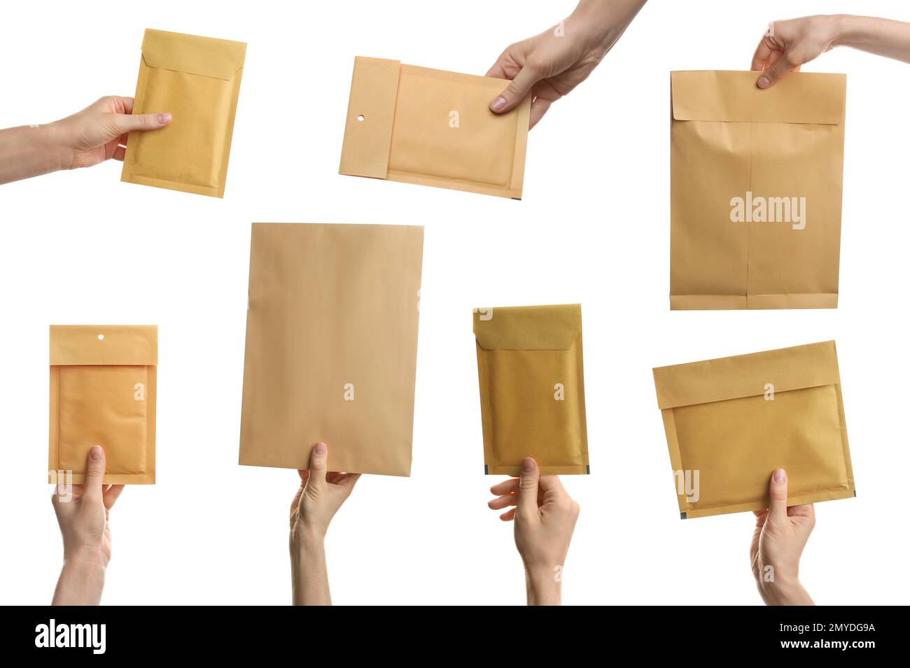 Collage with photos of people holding paper envelopes on white ...