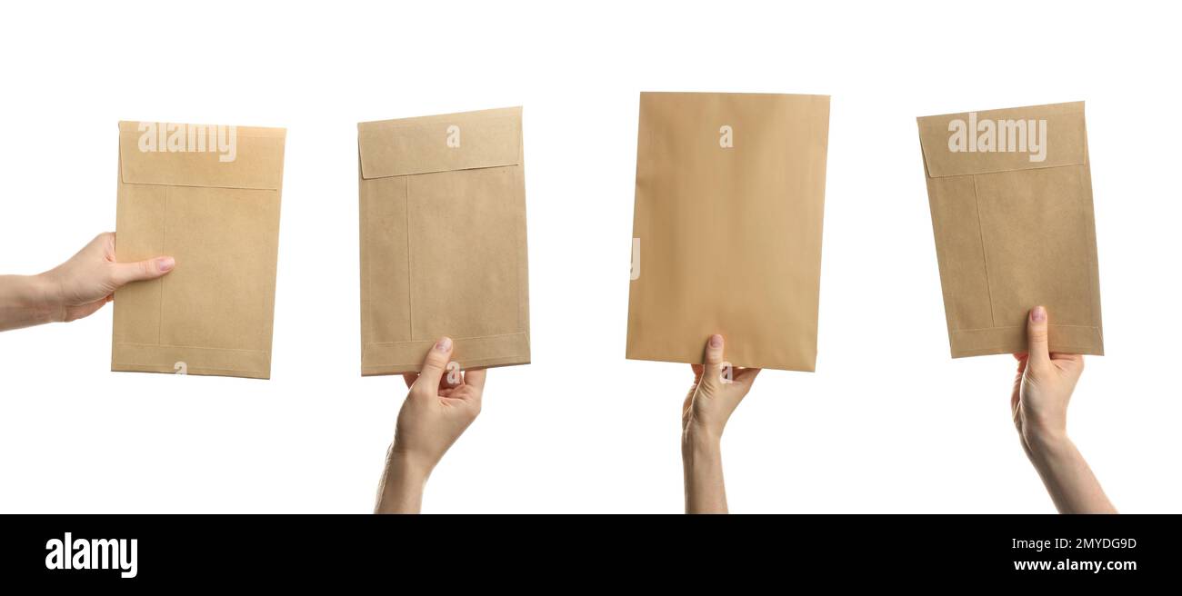 Collage with photos of people holding paper envelopes on white ...