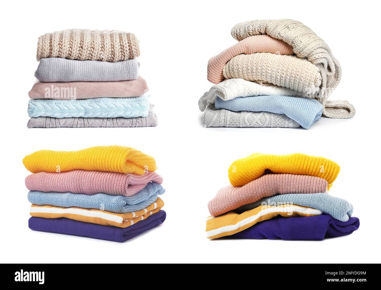 Set of folded and stacked sweaters on white background Stock Photo - Alamy