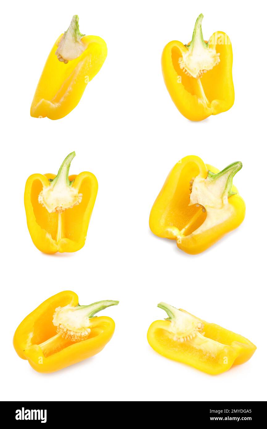Set of fresh cut yellow bell peppers isolated on white Stock Photo - Alamy