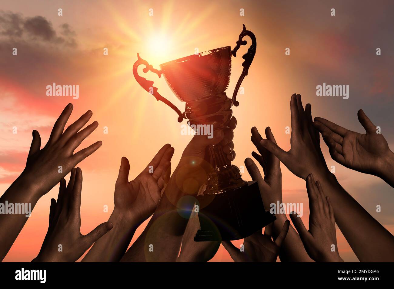Winning team with gold trophy cup against shining sun in sky Stock ...