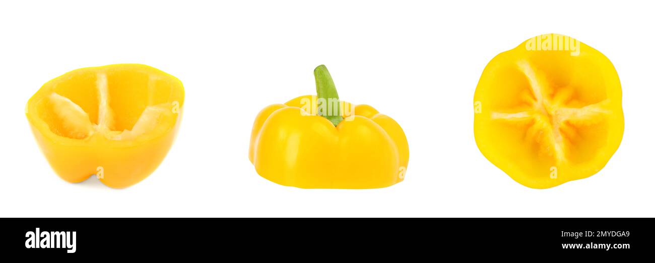 Set of fresh cut yellow bell peppers on white background. Banner design ...