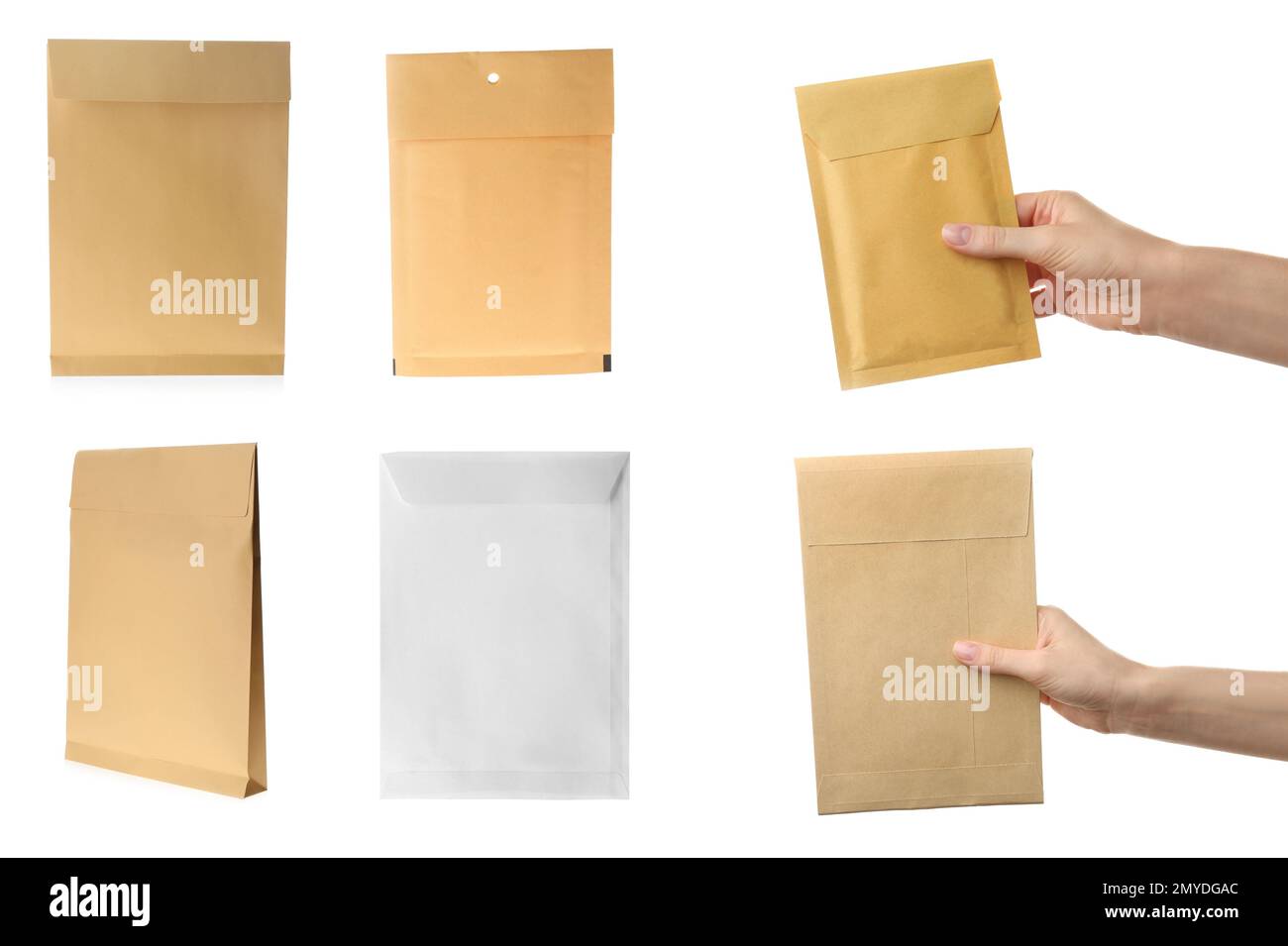 Collage with photos of people holding paper envelopes on white ...