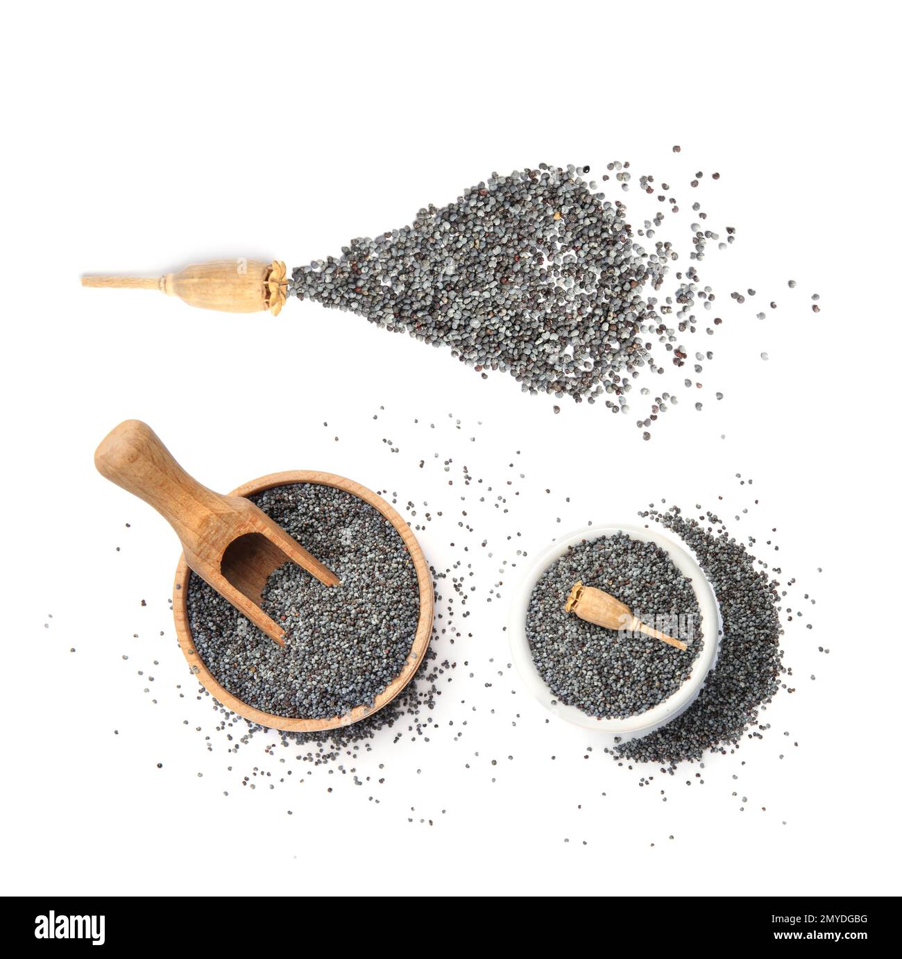 Collage with poppy seeds and dry pods on white background, top view ...