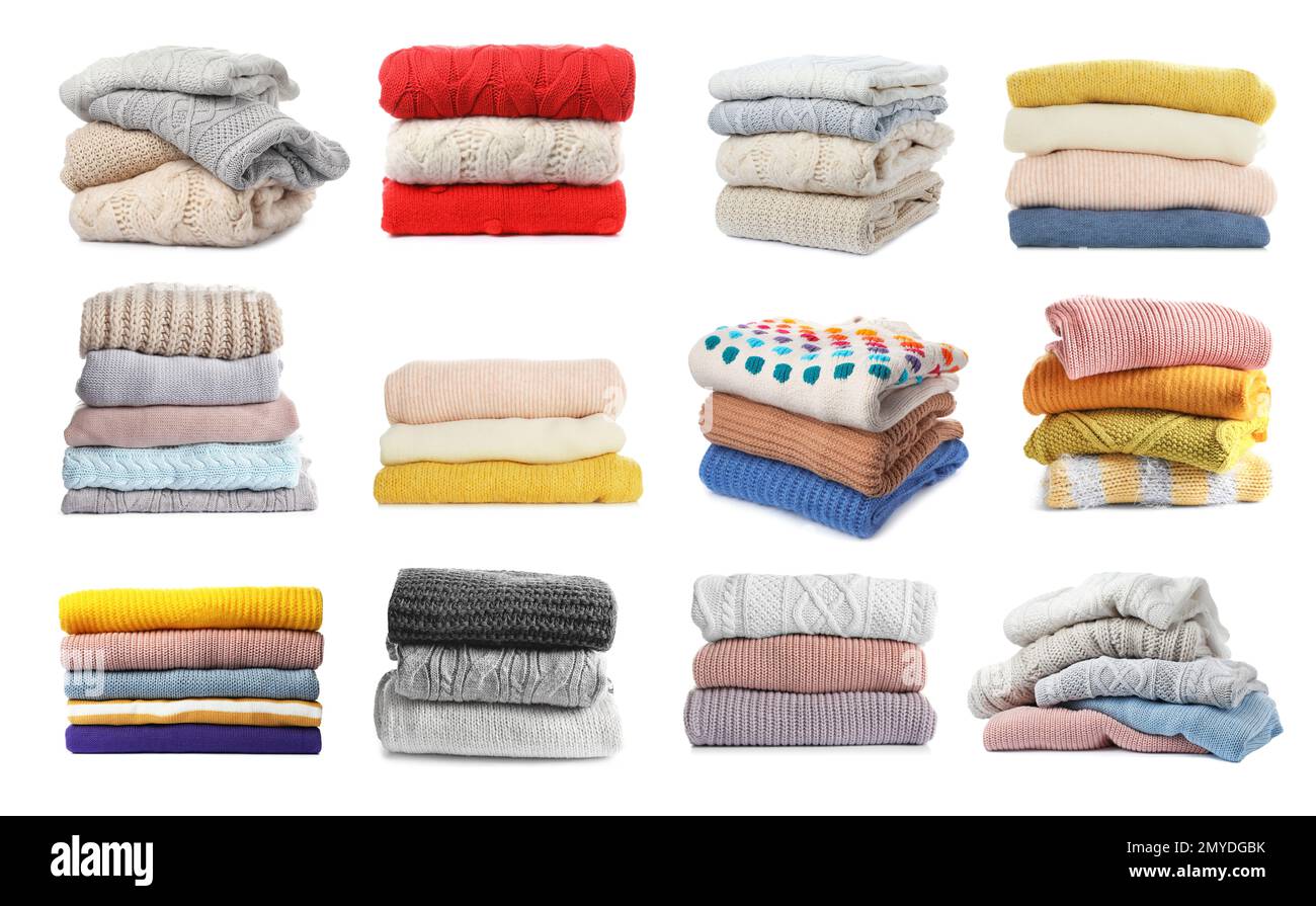 Set of folded and stacked sweaters on white background Stock Photo - Alamy