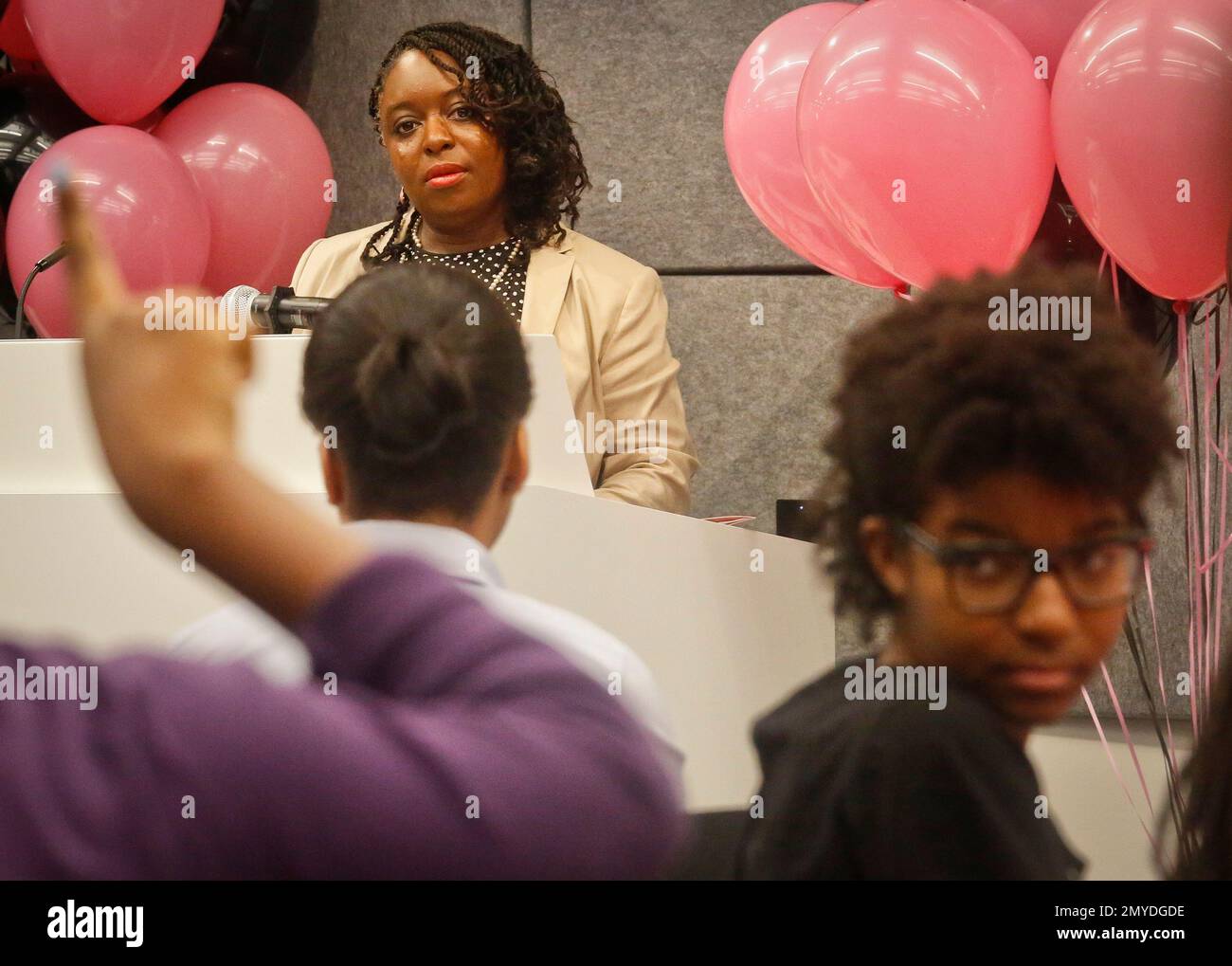 Kimberly Bryant, center, founder of Black Girls Code (BGC), a coding workshop for New York city ...