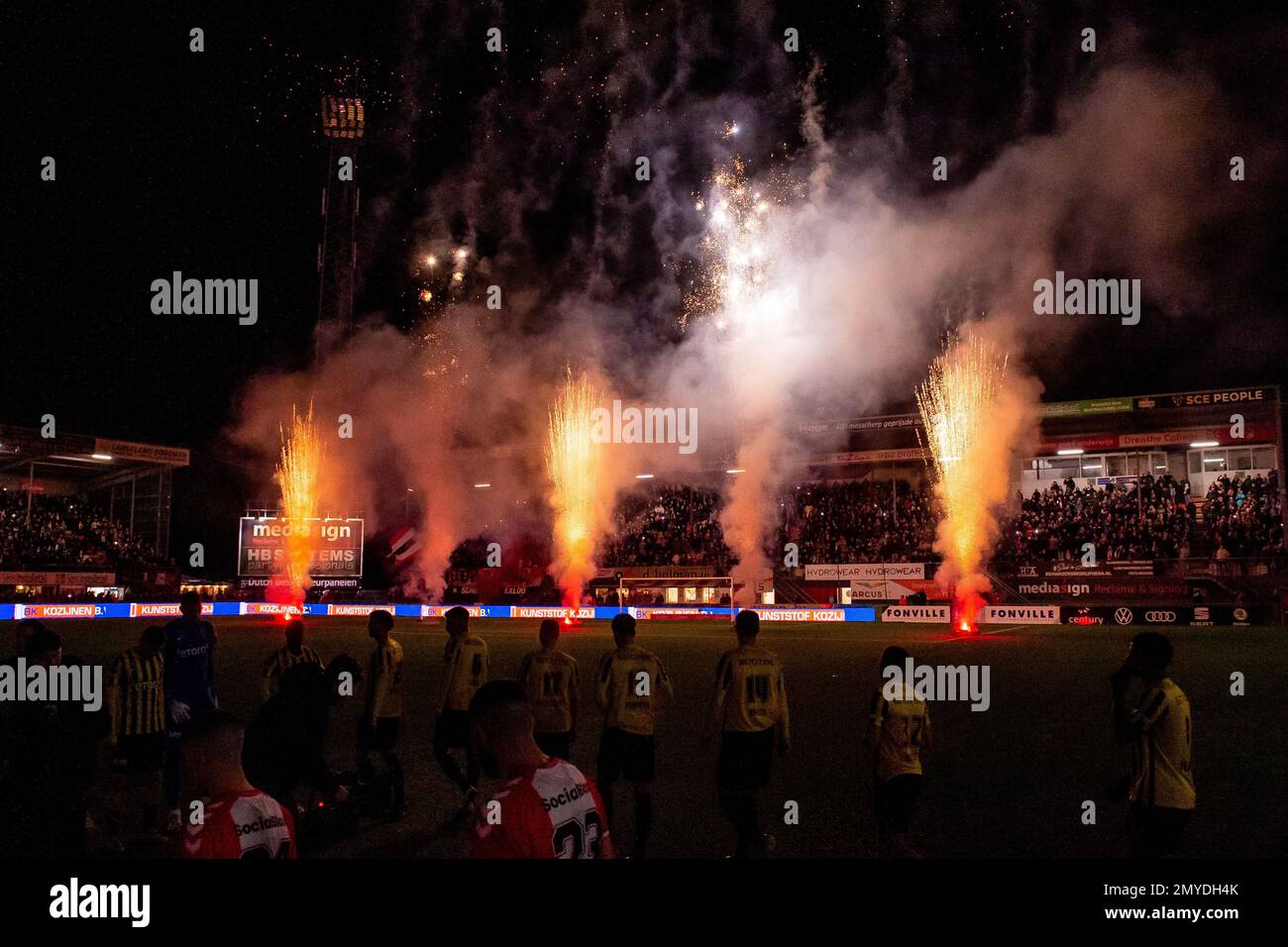 EMMEN - Fireworks during the emergence of both teams during the Dutch ...