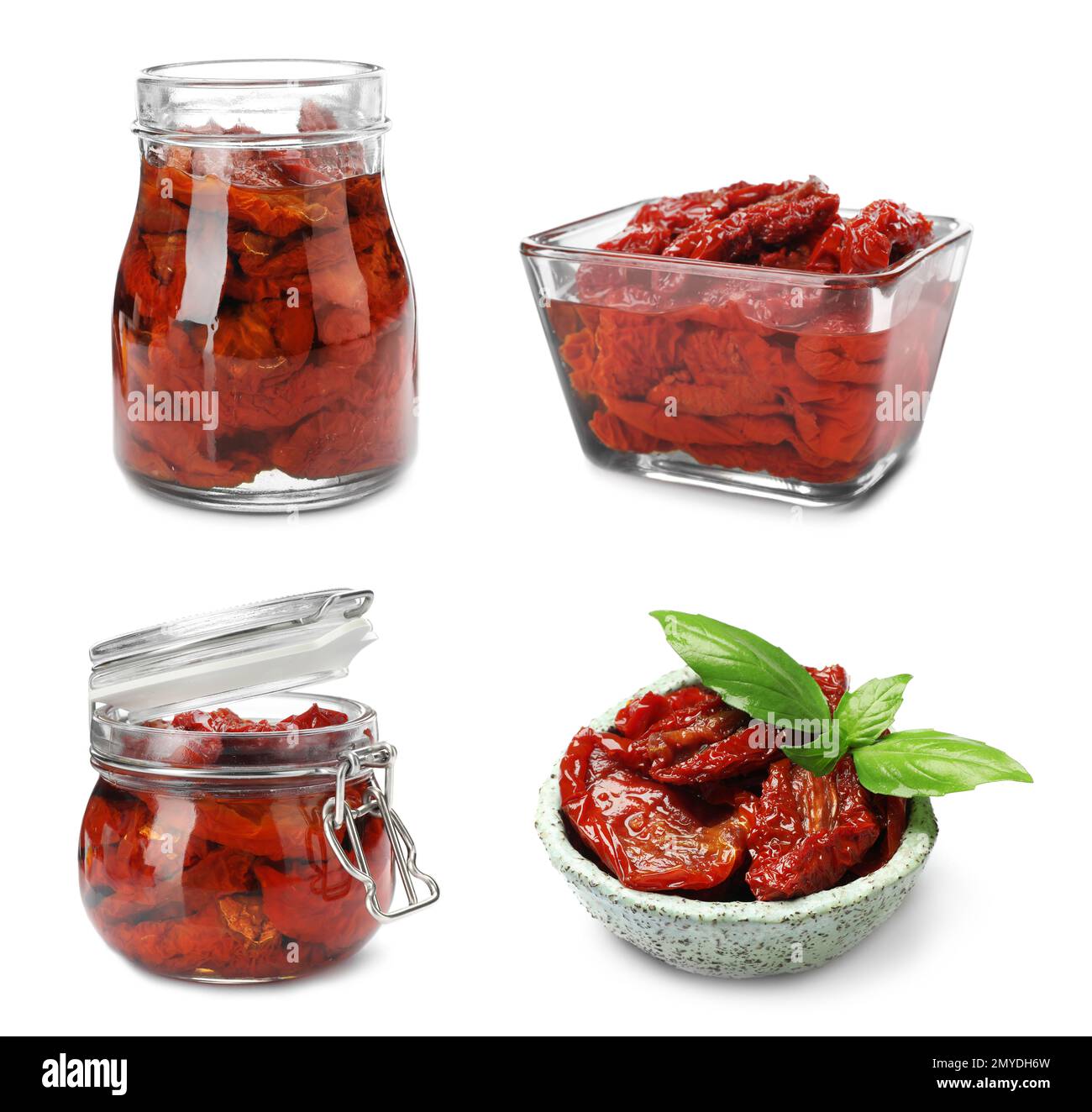 Set of tasty sun dried tomatoes on white background Stock Photo - Alamy