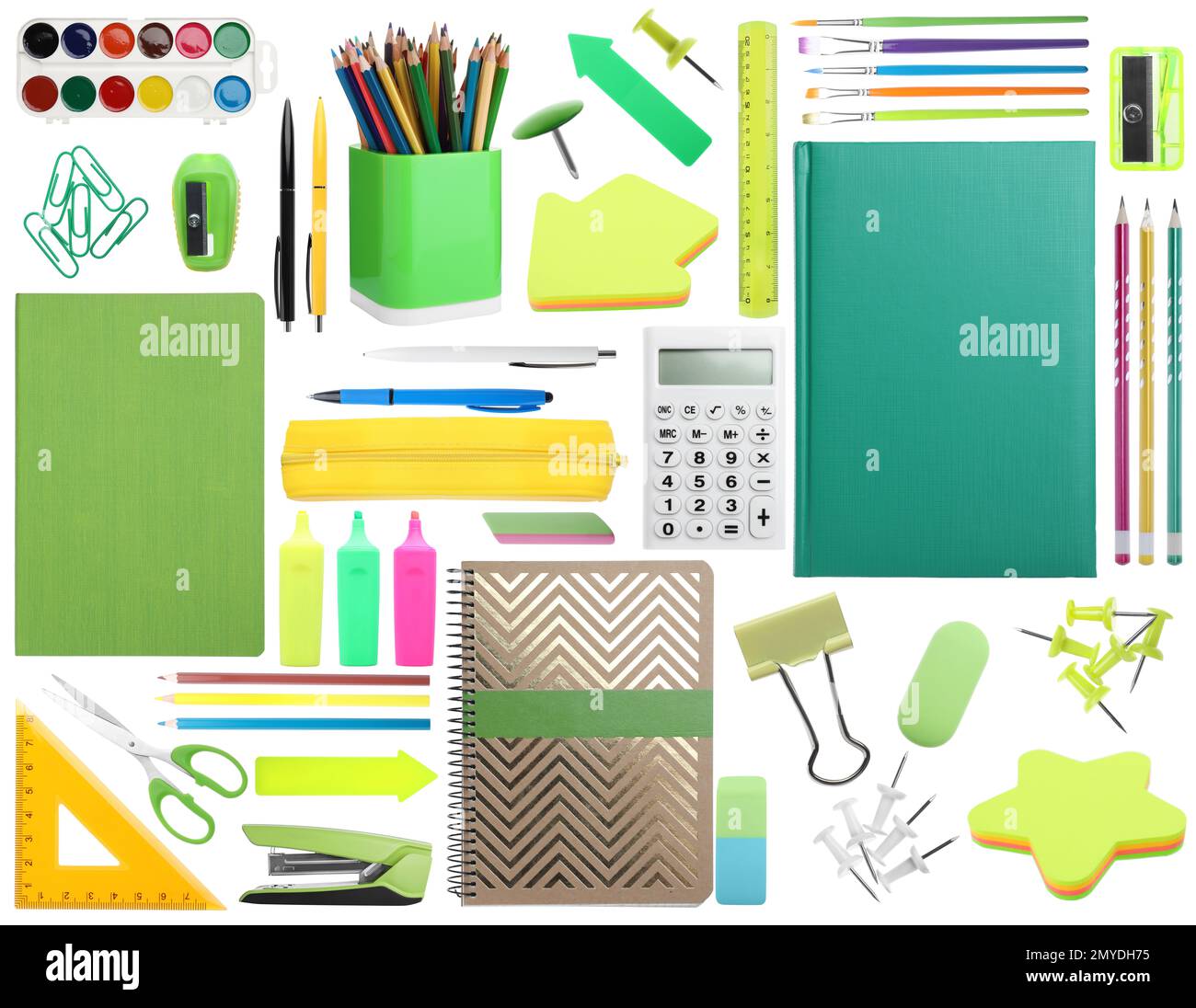 Set of bright school stationery on white background Stock Photo - Alamy