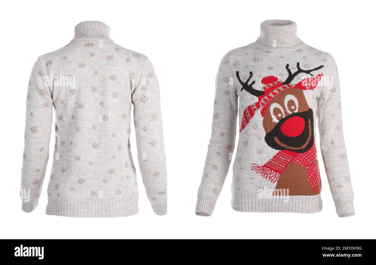 Christmas sweater on white background, front and back sides Stock Photo ...