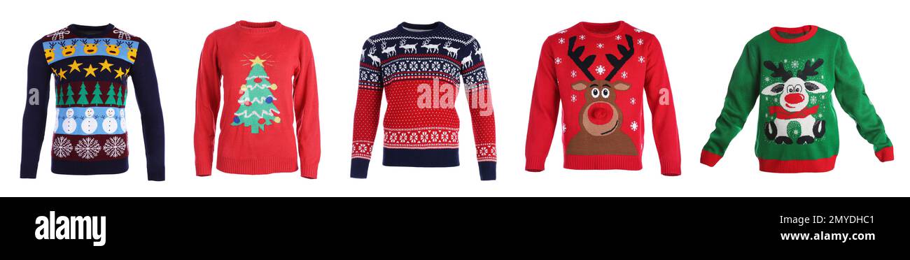 Set of warm Christmas sweaters on white background. Banner design Stock ...