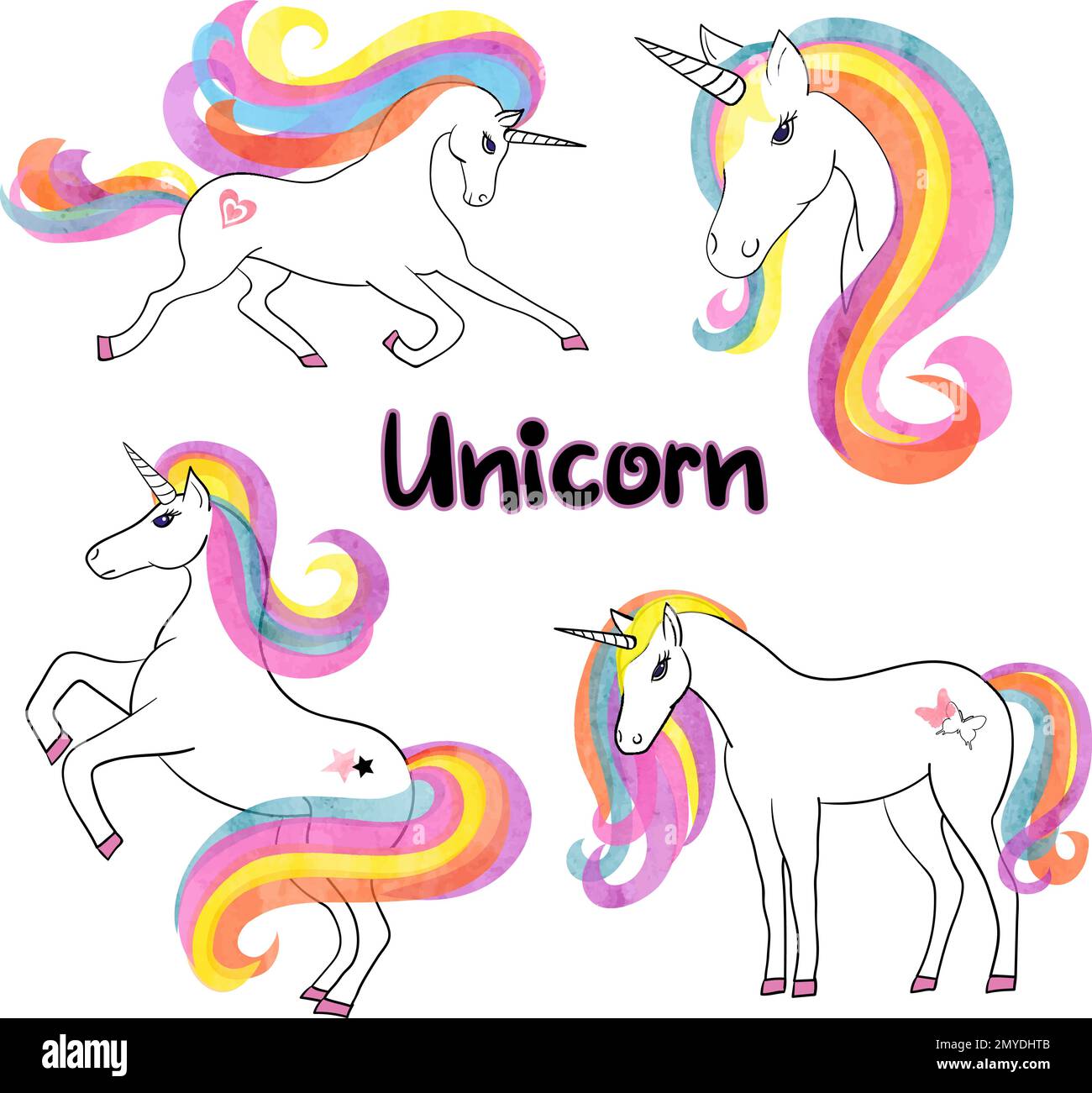 Beautiful rainbow watercolor unicorns set. Vector illustration Stock ...