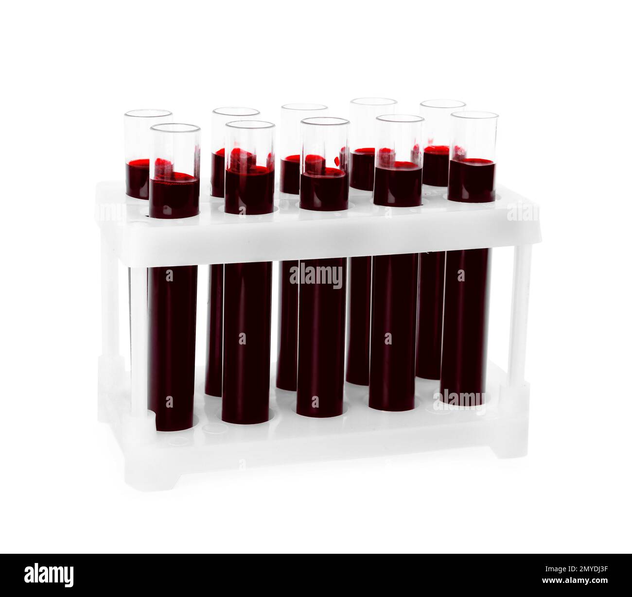 Test tubes with blood samples in rack on white background. Laboratory ...