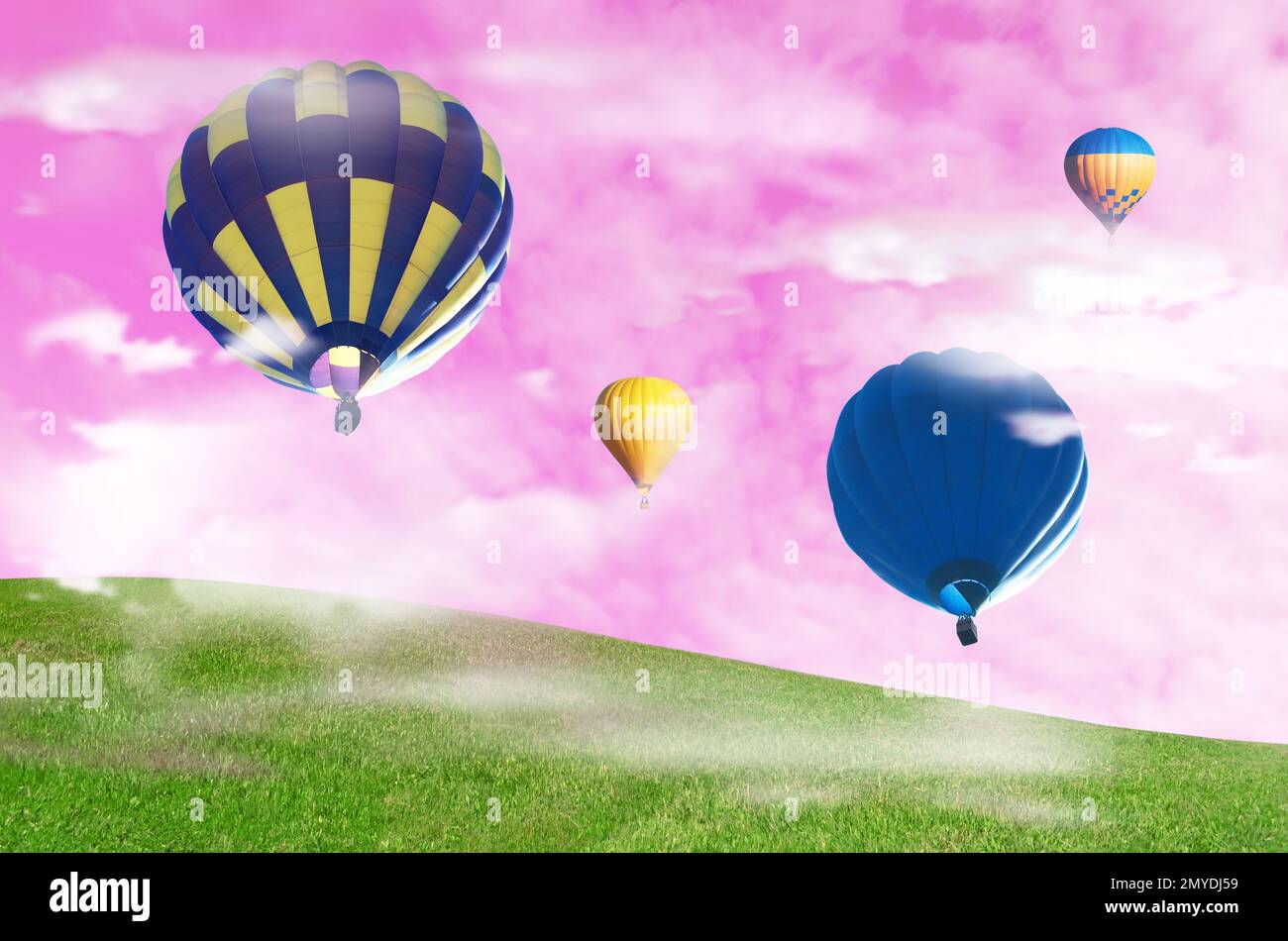 Dream world. Hot air balloons in pink sky over green meadow Stock Photo ...
