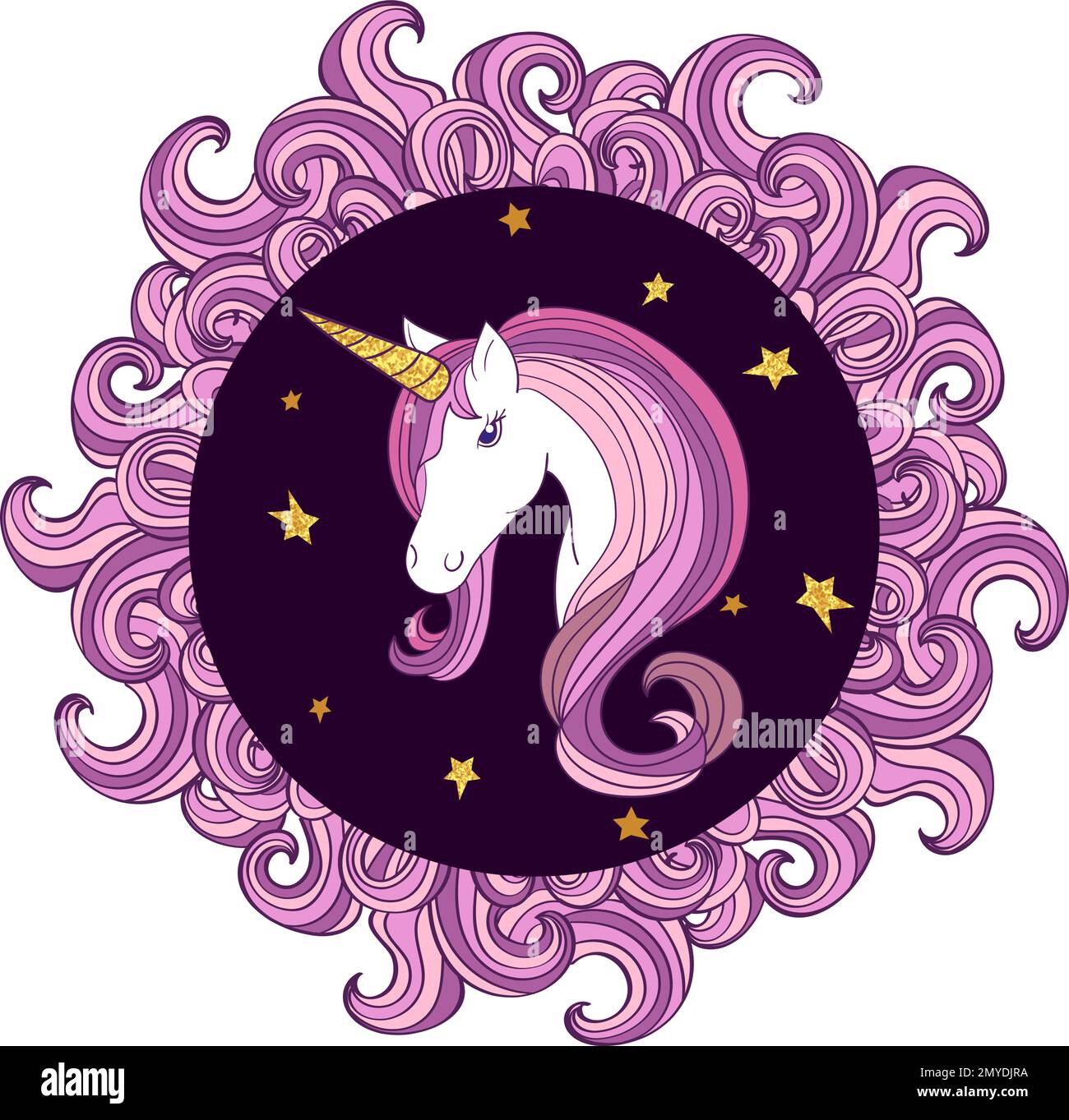 Beautiful unicorn vector illustration with circle waved frame Stock ...