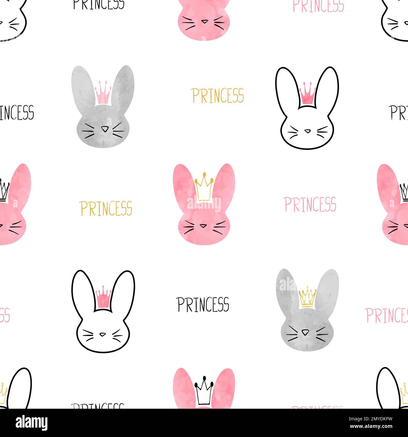 Seamless princess bunny pattern. Vector background with cute rabbits ...