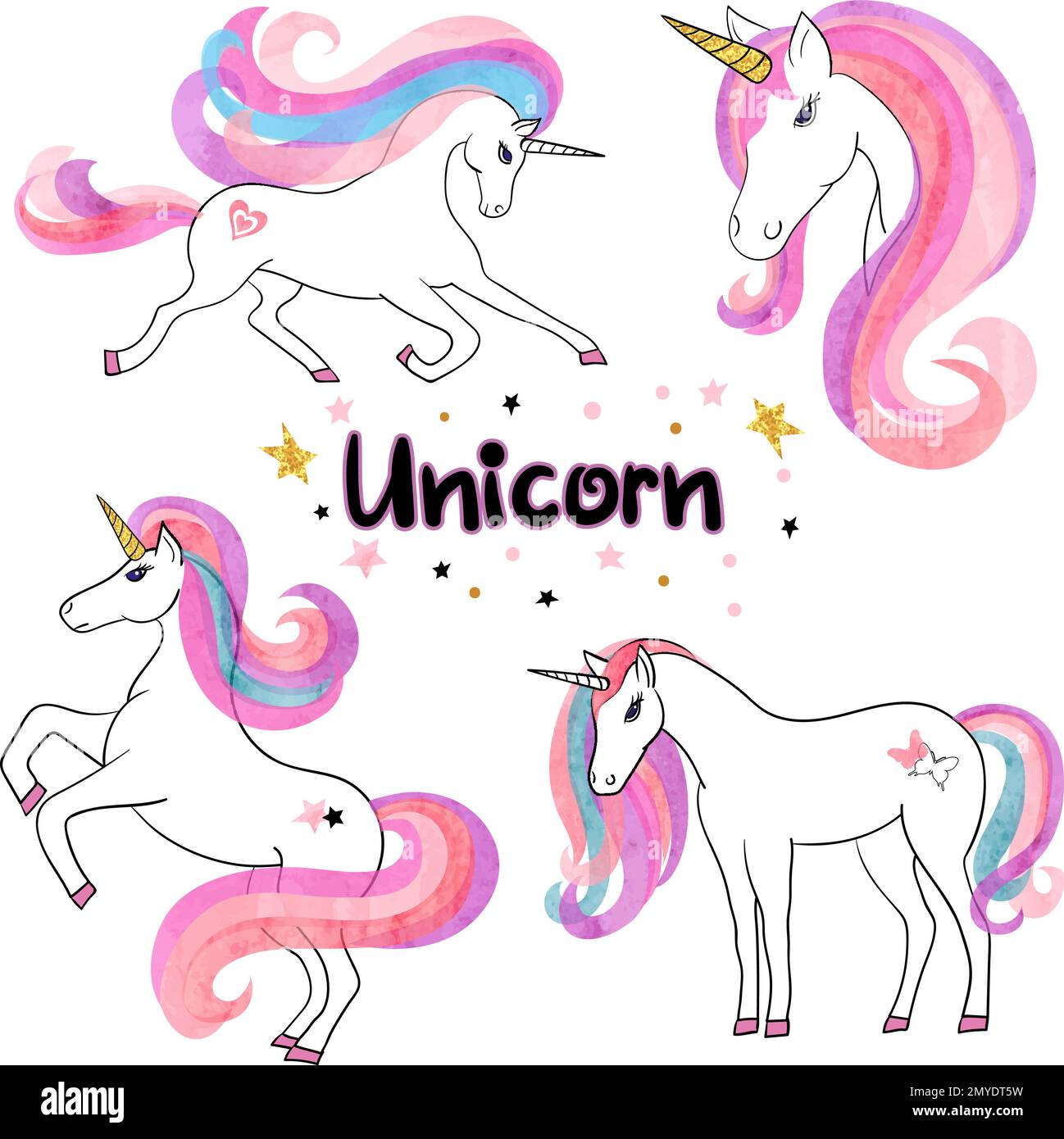 Beautiful watercolor unicorns set in pink and purple colors. Vector ...