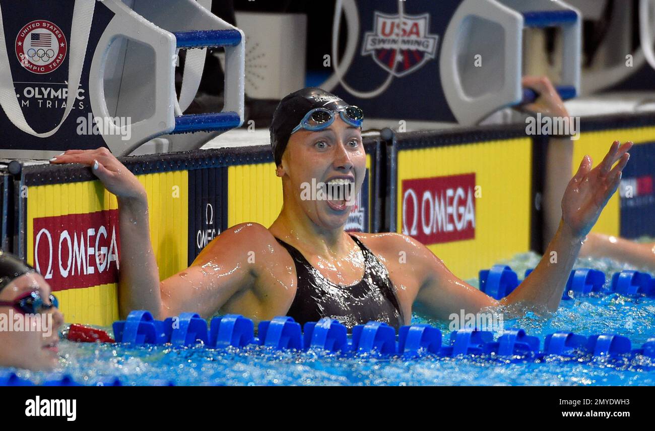 Amy Bilquist reacts after winning her heat in the women's 100-meter ...