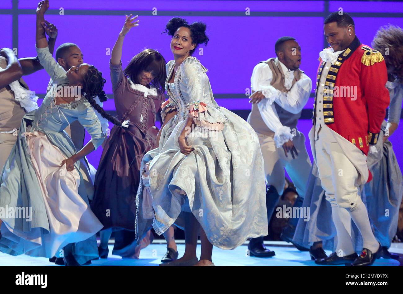 Hosts Tracee Ellis Ross, left, and Anthony Anderson perform a skit ...