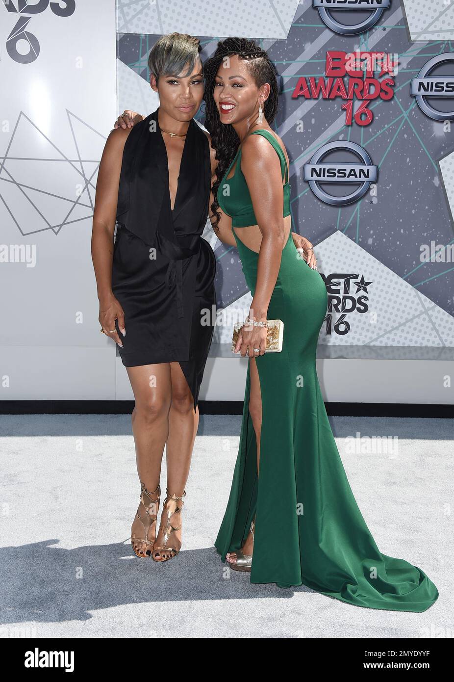 La'Myia Good, left, and Meagan Good arrive at the BET Awards at the ...