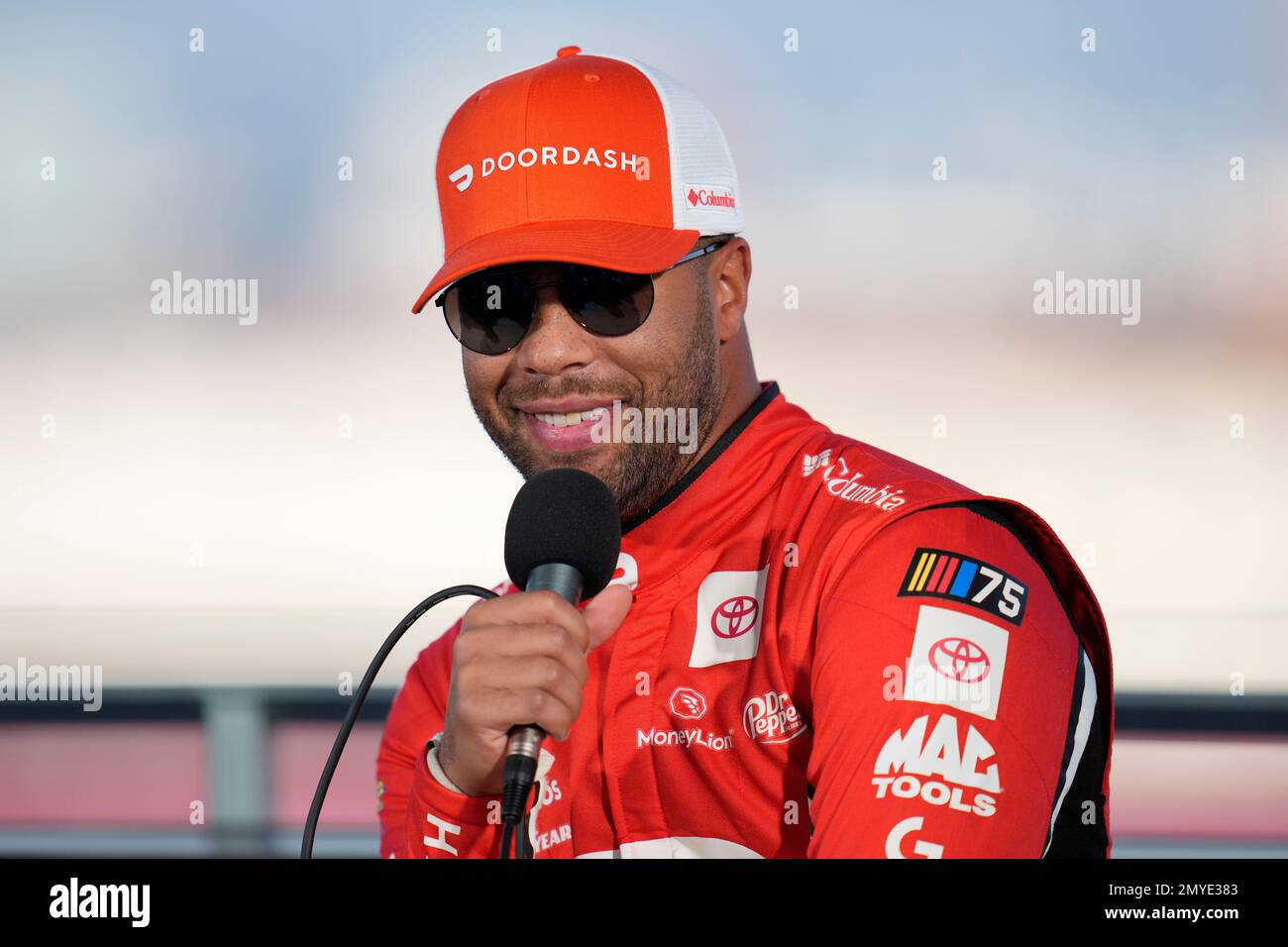 NASCAR Cup Series driver Bubba Wallace (23) speaks to reporters ahead ...
