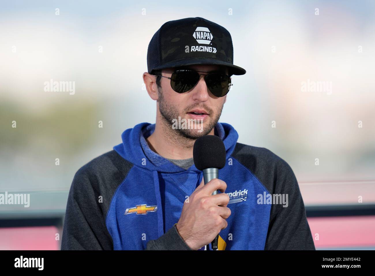 NASCAR Cup Series driver Chase Elliott (9) speaks to reporters ahead of ...