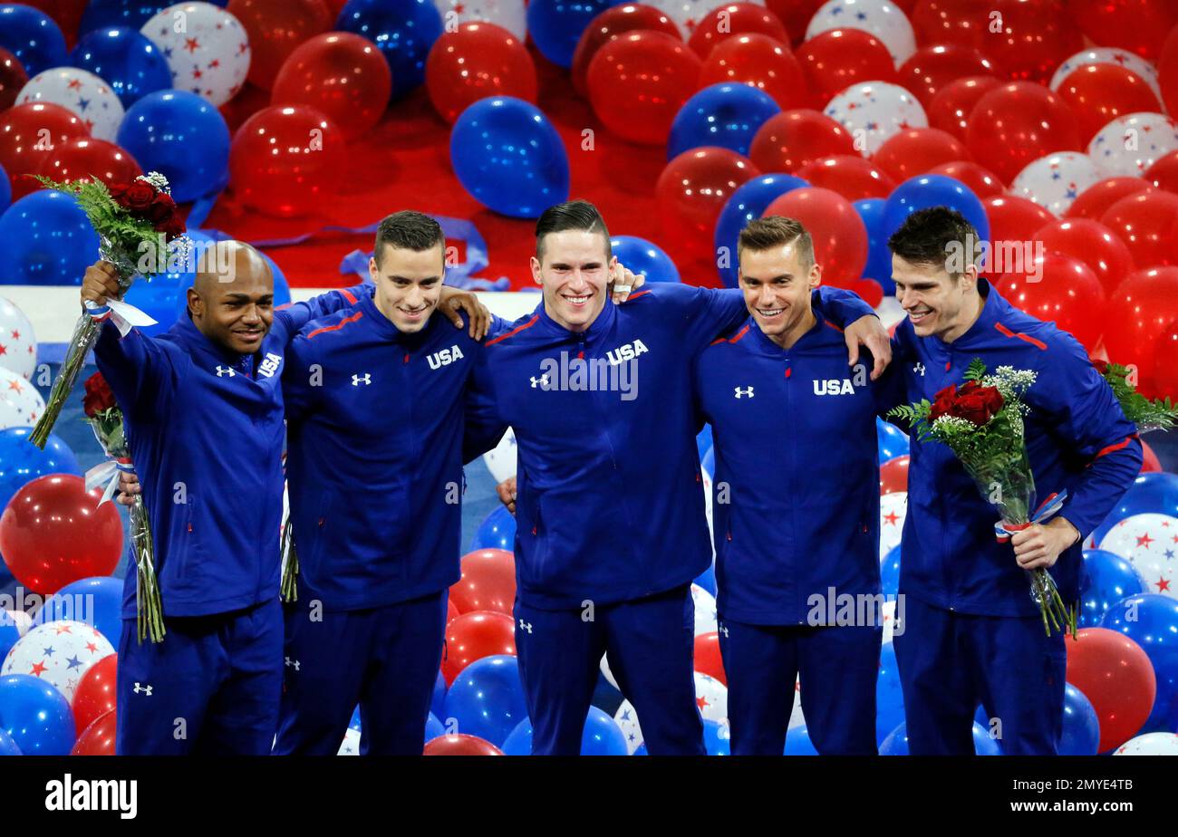 Sam Mikulak, from left, Alex Naddour, Chris Brooks, Jacob Dalton and ...