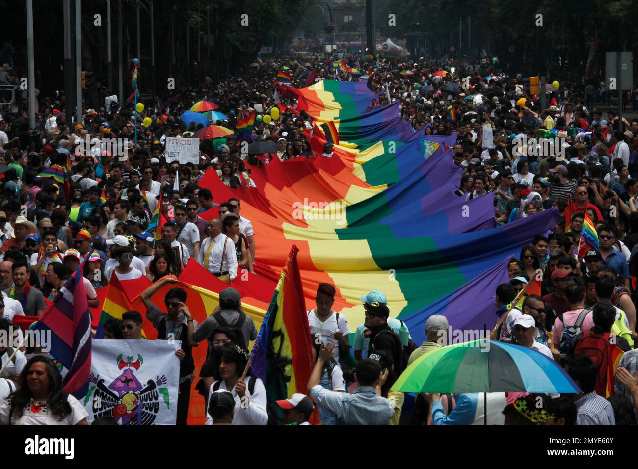 People hold a giant elongated rainbow banner while marching in Mexico ...