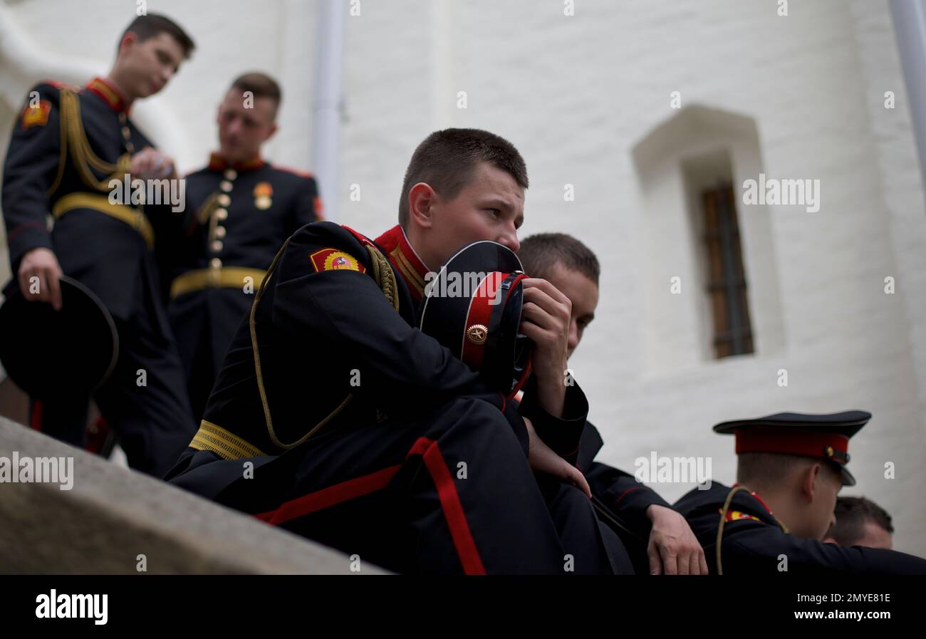 Russian cadets wait for a graduation ceremony in Moscow, Russia, on ...