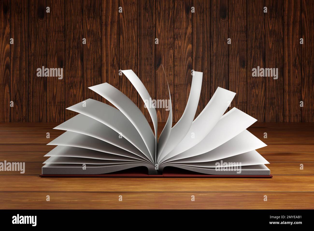 Opened book with flipping pages on wooden table. Illustration of the ...