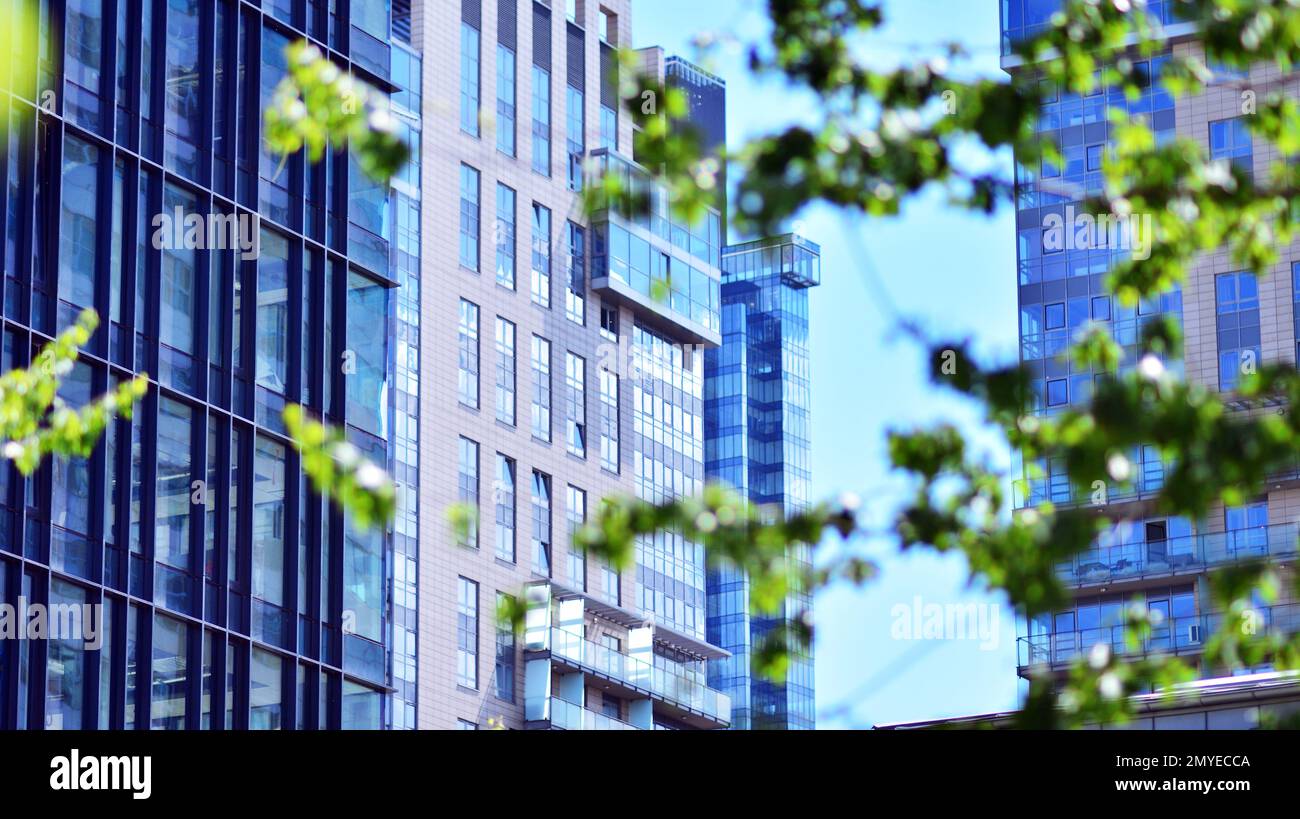 Eco architecture. Green tree and glass office building. The harmony of ...
