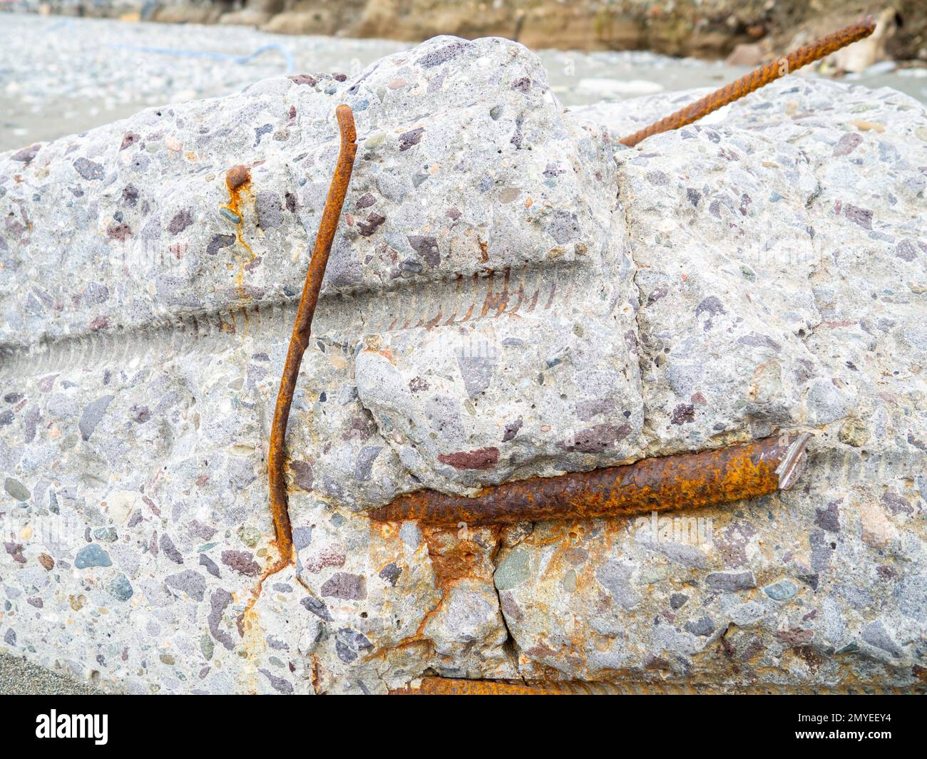 Reinforced concrete. Destroyed building material. Rusty iron ...