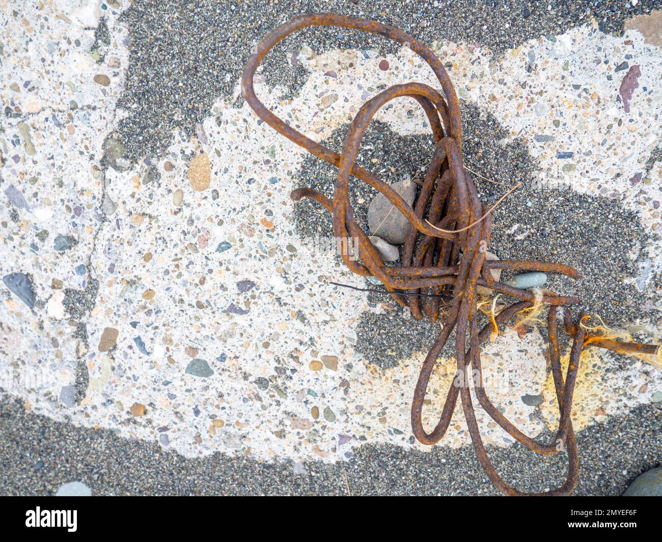 Reinforced concrete. Destroyed building material. Rusty iron ...