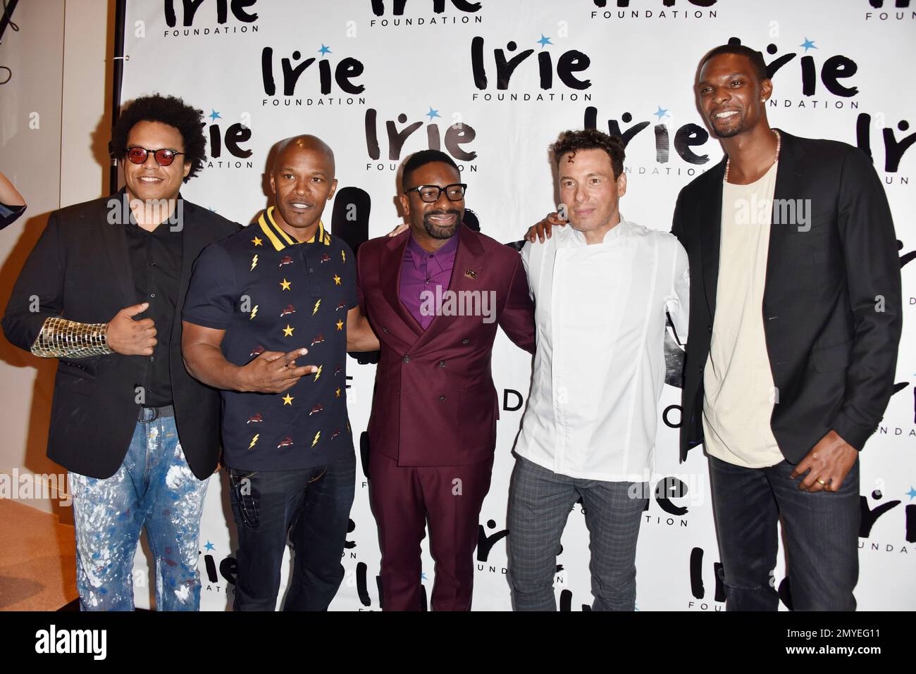ELEW, from left, Jamie Foxx, DJ IRIE, Rocco DiSpirito and Chris Bosh ...