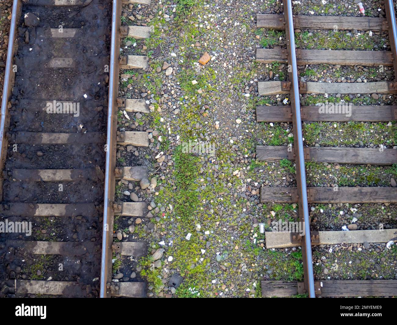 Old railway tracks. View from above. Railway in the moss. Road concept ...